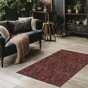 Fall Skeleton Area Rug, Macabre Linocut Botanical Folk Art Indoor ...