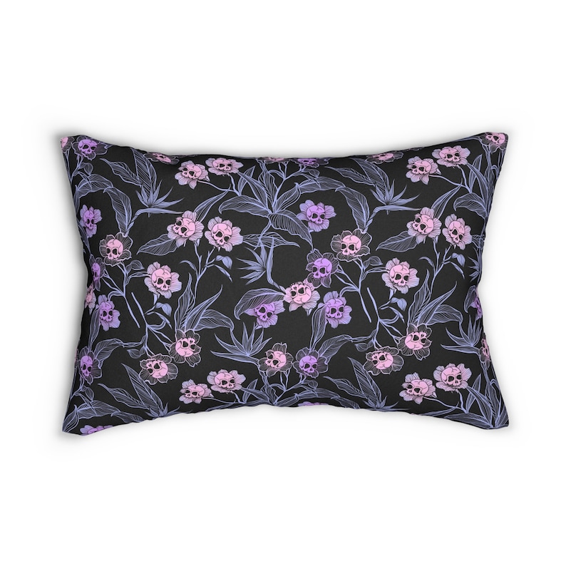 Pastel Goth Pillow. Pink Purple & Black Macabre Floral Skull Decorative ...