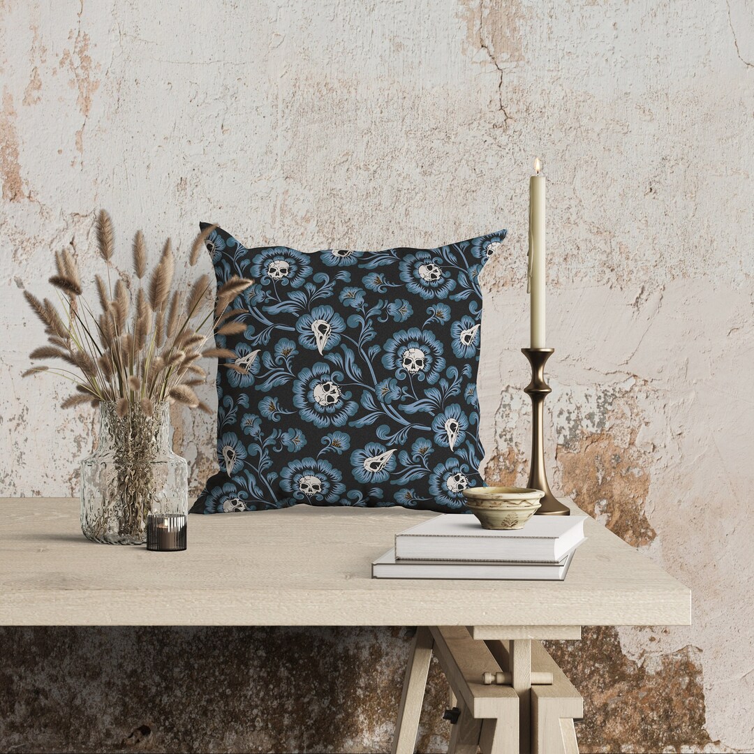 Victorian Gothic Throw Pillow or Pillowcase W/ Skull & Blue Floral ...