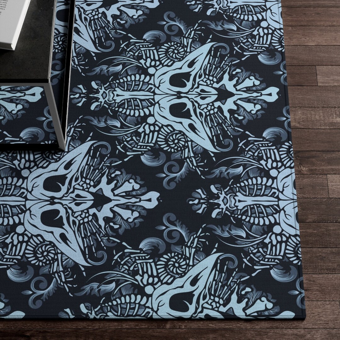 Blue Goth Damask Rug. Gothic Victorian Skulls & Bones Outdoor Patio ...