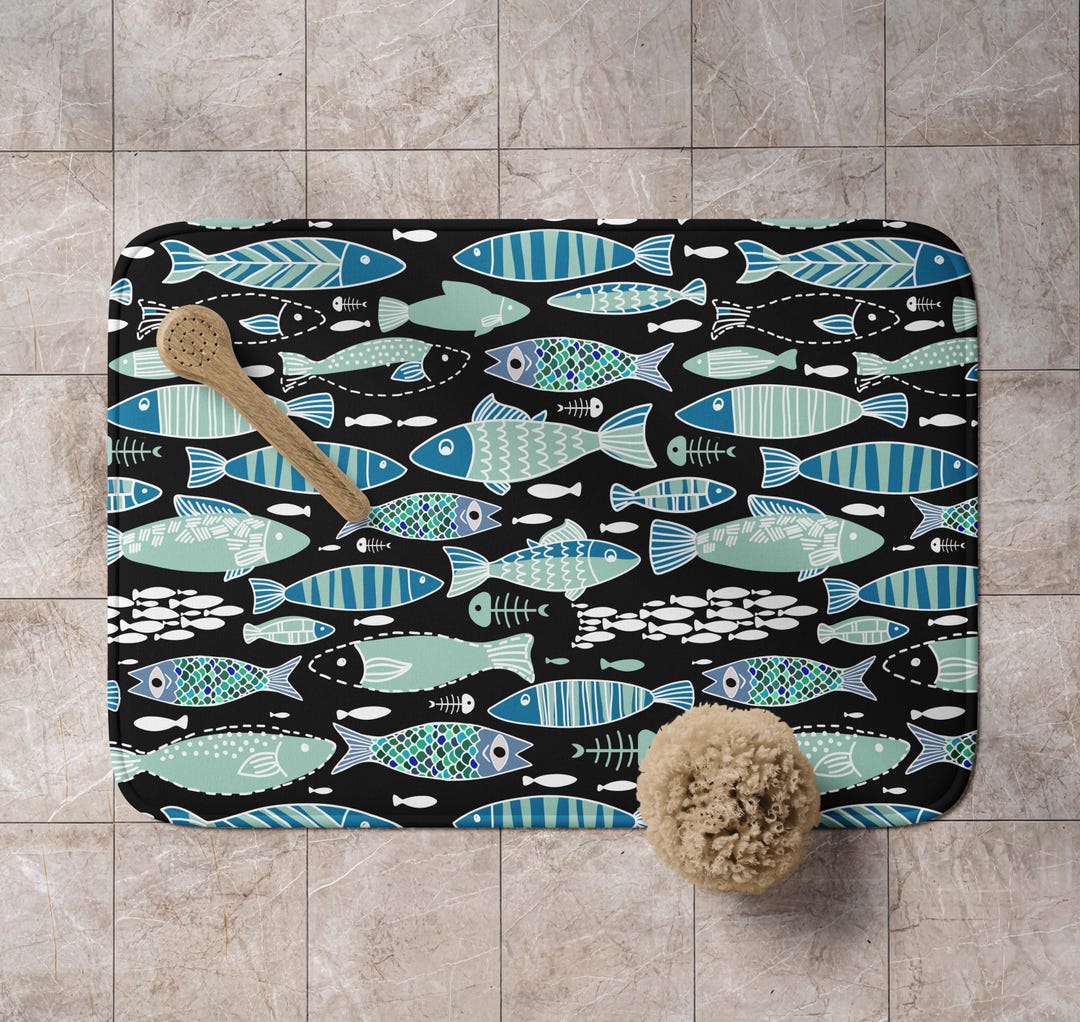 Teal Sardine Bath Mat, Goth Mediterranean Fish Skeleton Pattern Shower ...