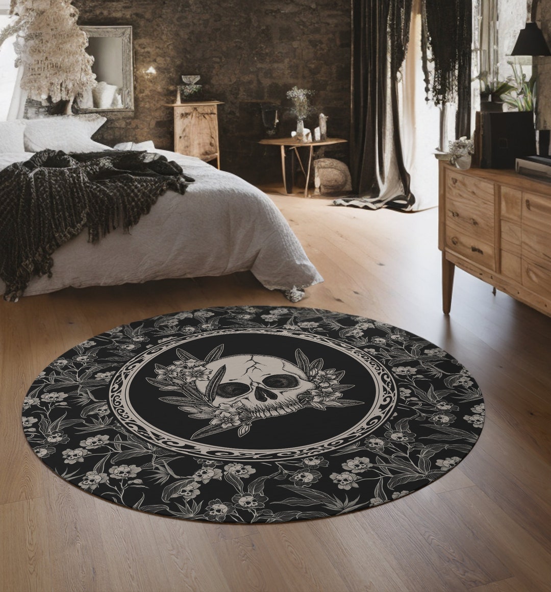 Gothic Floral Skull Rug 60x60 Inch Round Accent Carpet W/ Oleander and ...