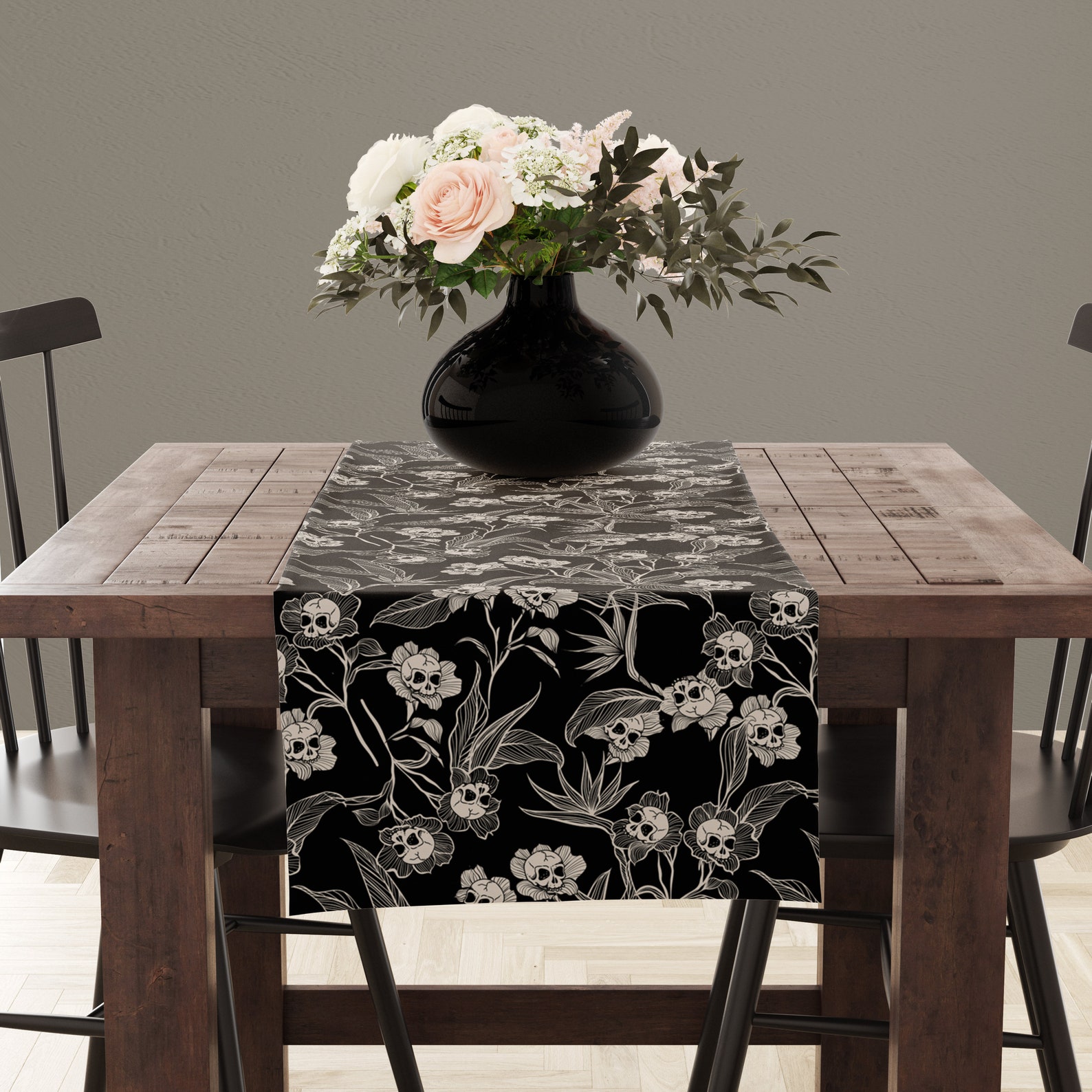 Gothic Floral Table Runner Witchy Skull Flower Kitchen Decor - Etsy
