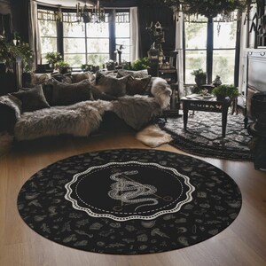 Witchy Snake Rug, Occult Serpent Skeleton Round Area Carpet W/ Esoteric ...
