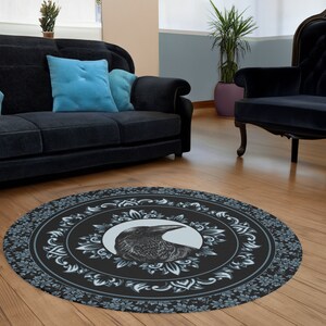 Round Gothic Raven Rug, Black & Blue Witchy Crowcore Decorative Accent ...