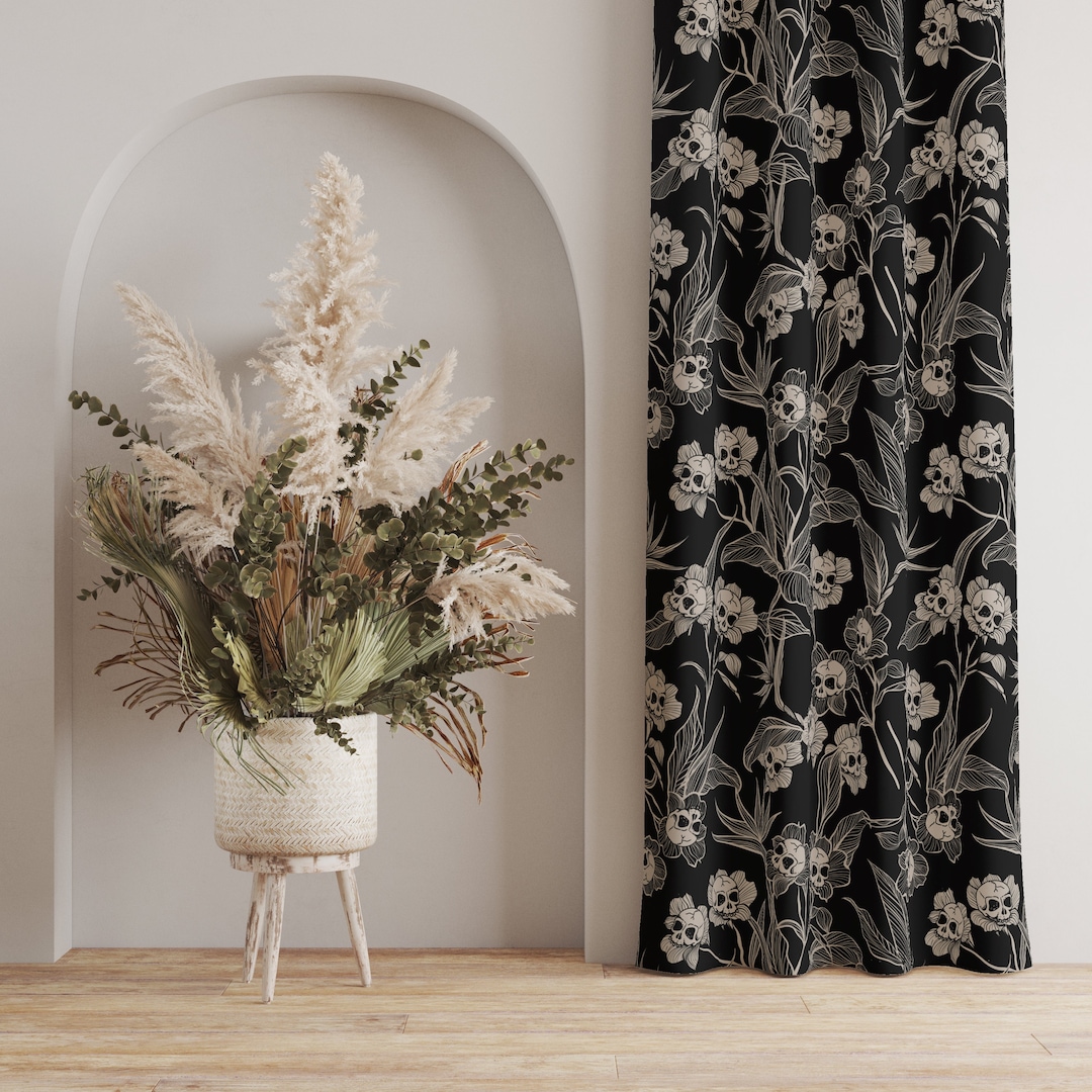 Gothic Floral Curtain, Elegant Macabre Skull Flowers Window Curtains in ...