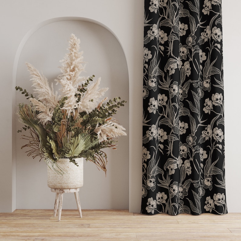Gothic Floral Curtain, Elegant Macabre Skull Flowers Window Curtains in ...