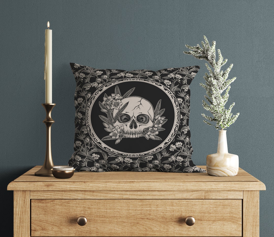 Floral Skull Pillow. Black Gothic Bones & Flowers Vegan Faux-suede ...