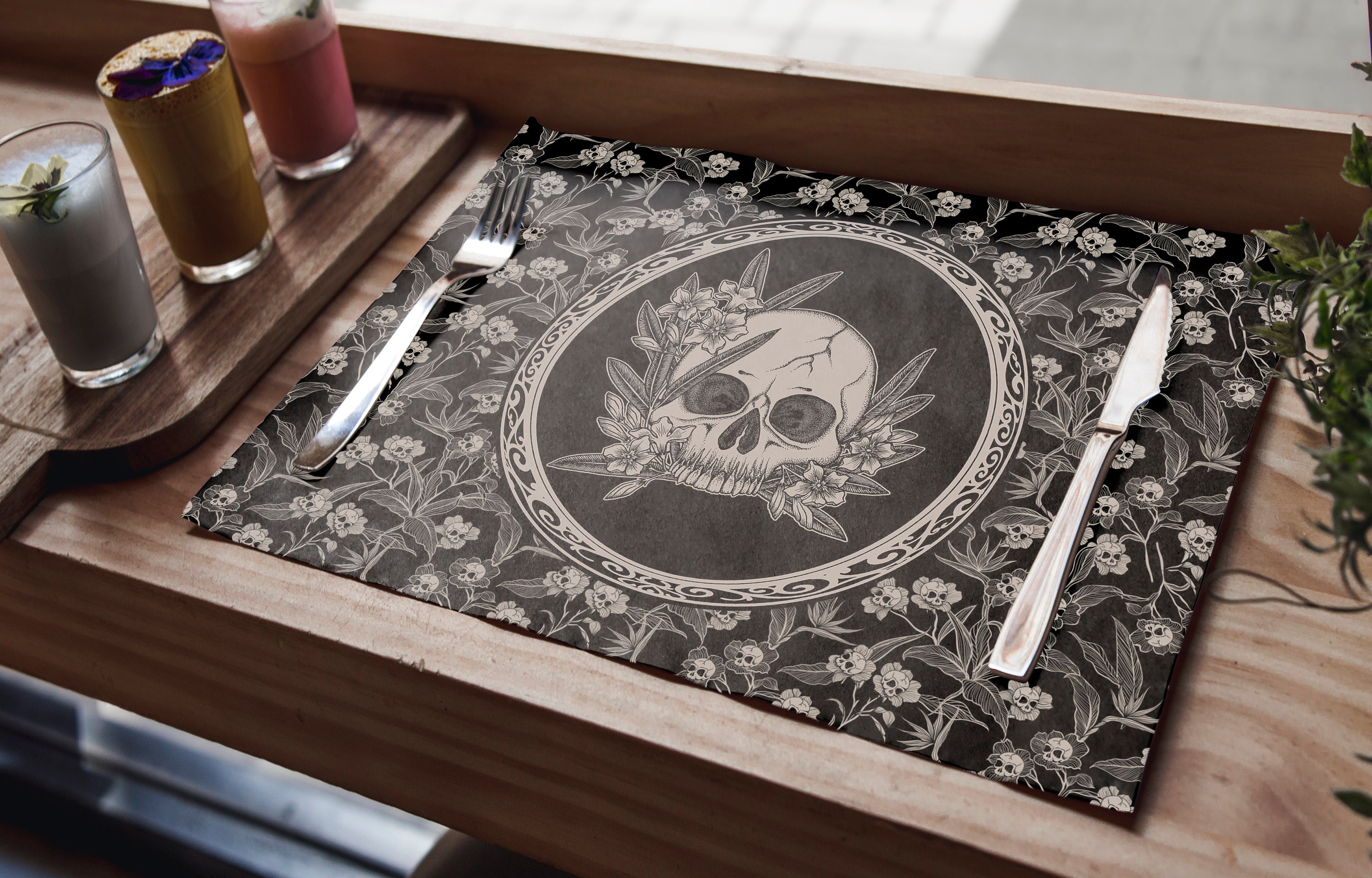 Gothic Floral Placemat Spooky Tiki Skull & Flower Cloth Table - Etsy