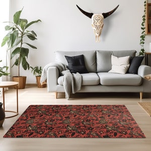 Fall Skeleton Area Rug, Macabre Linocut Botanical Folk Art Indoor ...