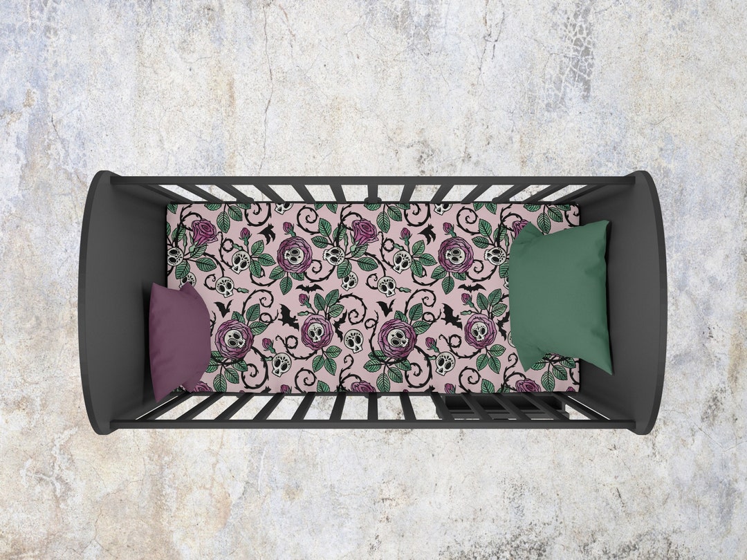 Pink Skull & Rose Crib Sheet, Spooky Cute Gothic Floral Baby Cot ...