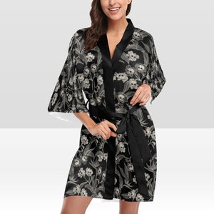 Gothic Floral Satin Robe, Spooky Macabre Human Skull & Flower Long ...