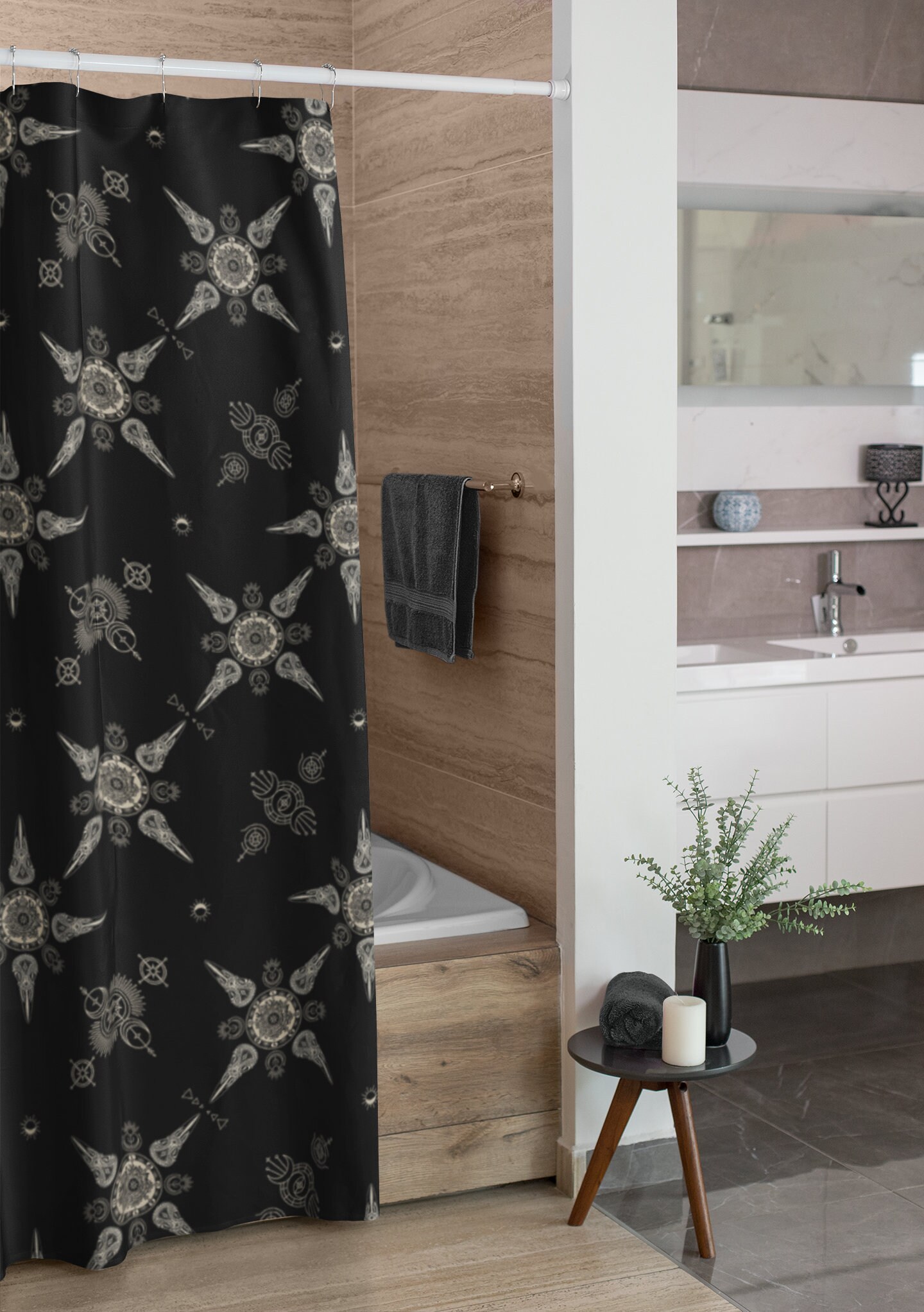 Witchy Shower Curtain Occult Tarot Card & Raven Skull Bath | Etsy