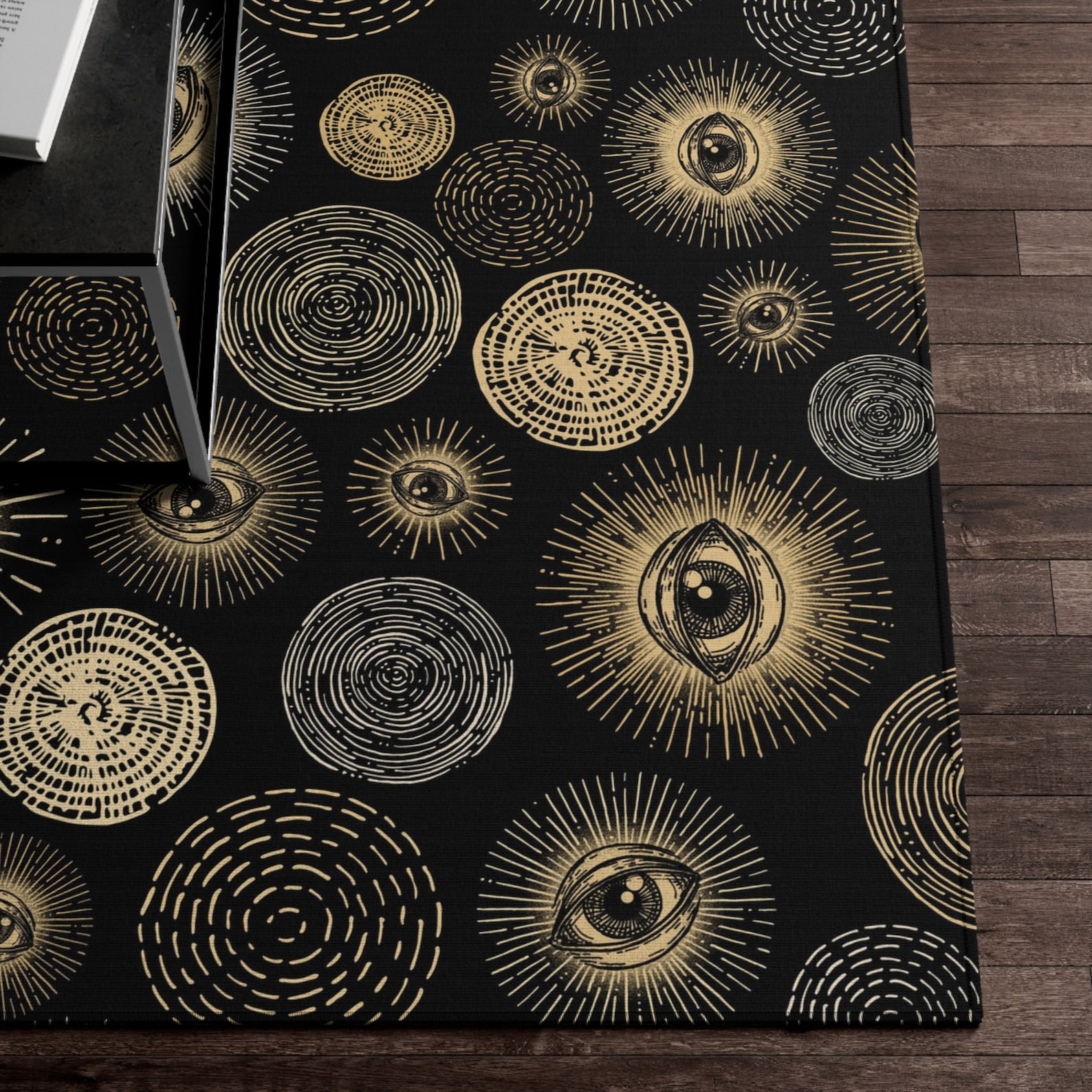 Occult Eye Rug, Black & Gold Abstract Esoteric Geometric Circle Outdoor ...
