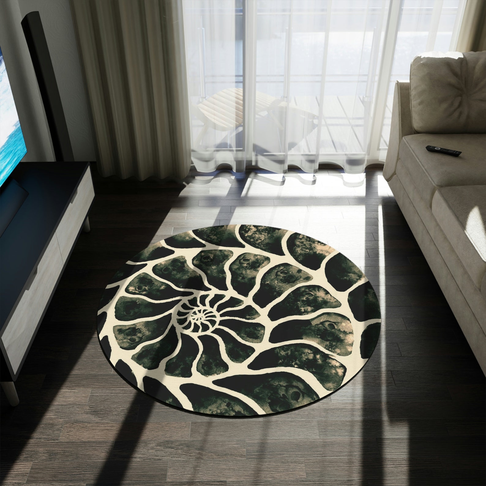Gothic Ammonite Rug, Spooky Skull Spiral Fossil Round Watercolor Area ...