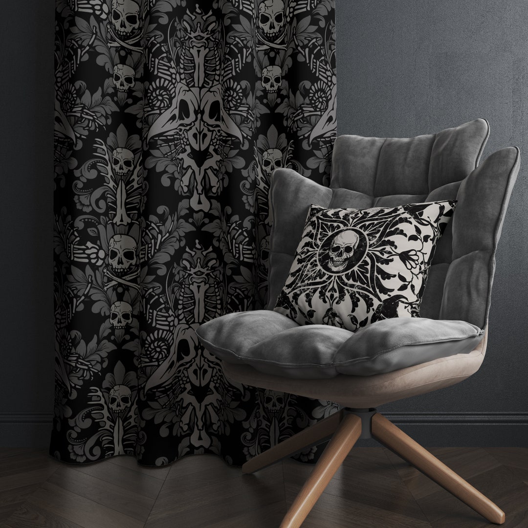 Macabre Victorian Curtain, Spooky Damask Skull & Bones Window Curtain ...
