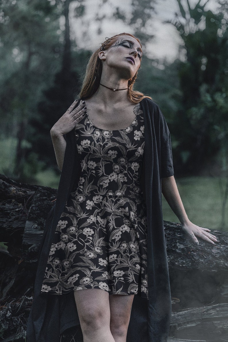 Gothic Floral Dress, Death Flowers Skater Dress, Spooky Tiki Tank Sun ...