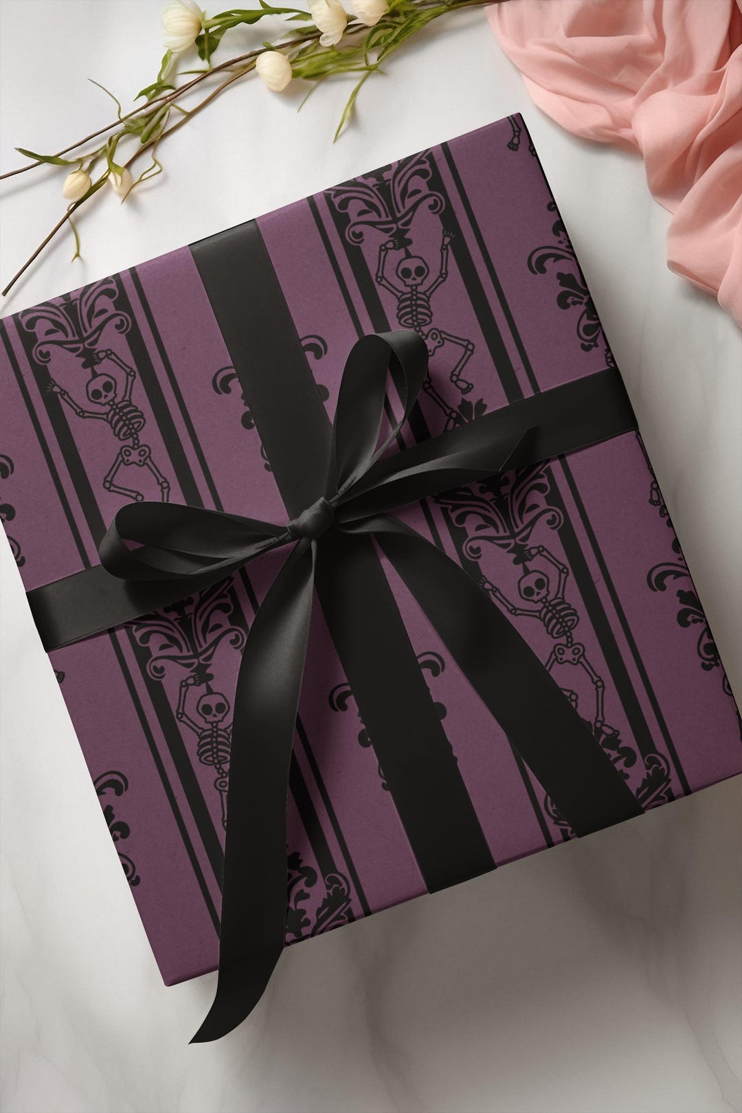 Dancing Skeleton Wrapping Paper, Spooky Baroque Gift Wrap Sheet in ...