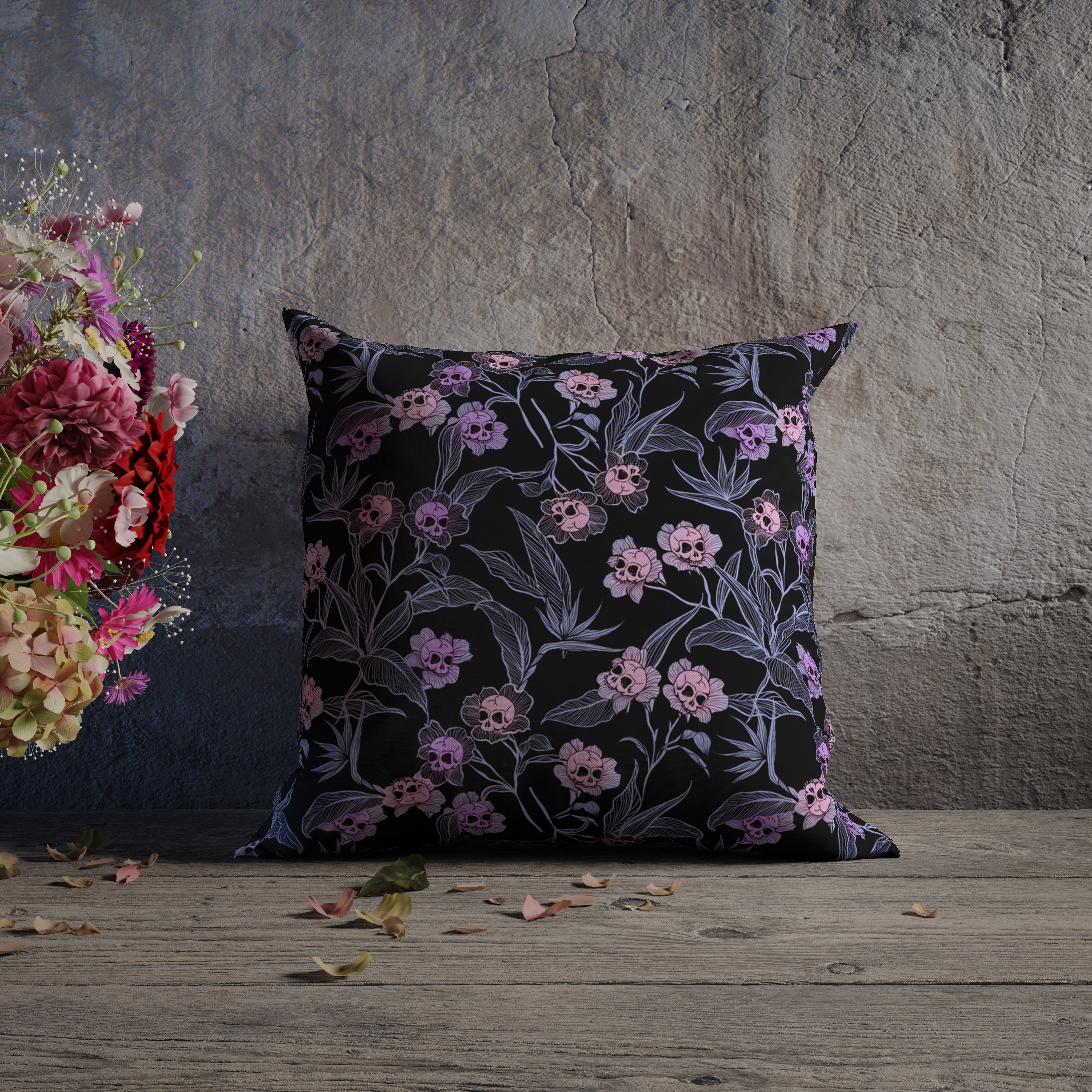 Pastel Goth Pillow. Pink Purple & Black Macabre Floral Skull Decorative ...