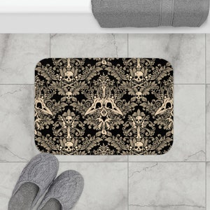 Damask Bones Bath Mat, Macabre Victorian Goth Skull Shower Rug in Black ...