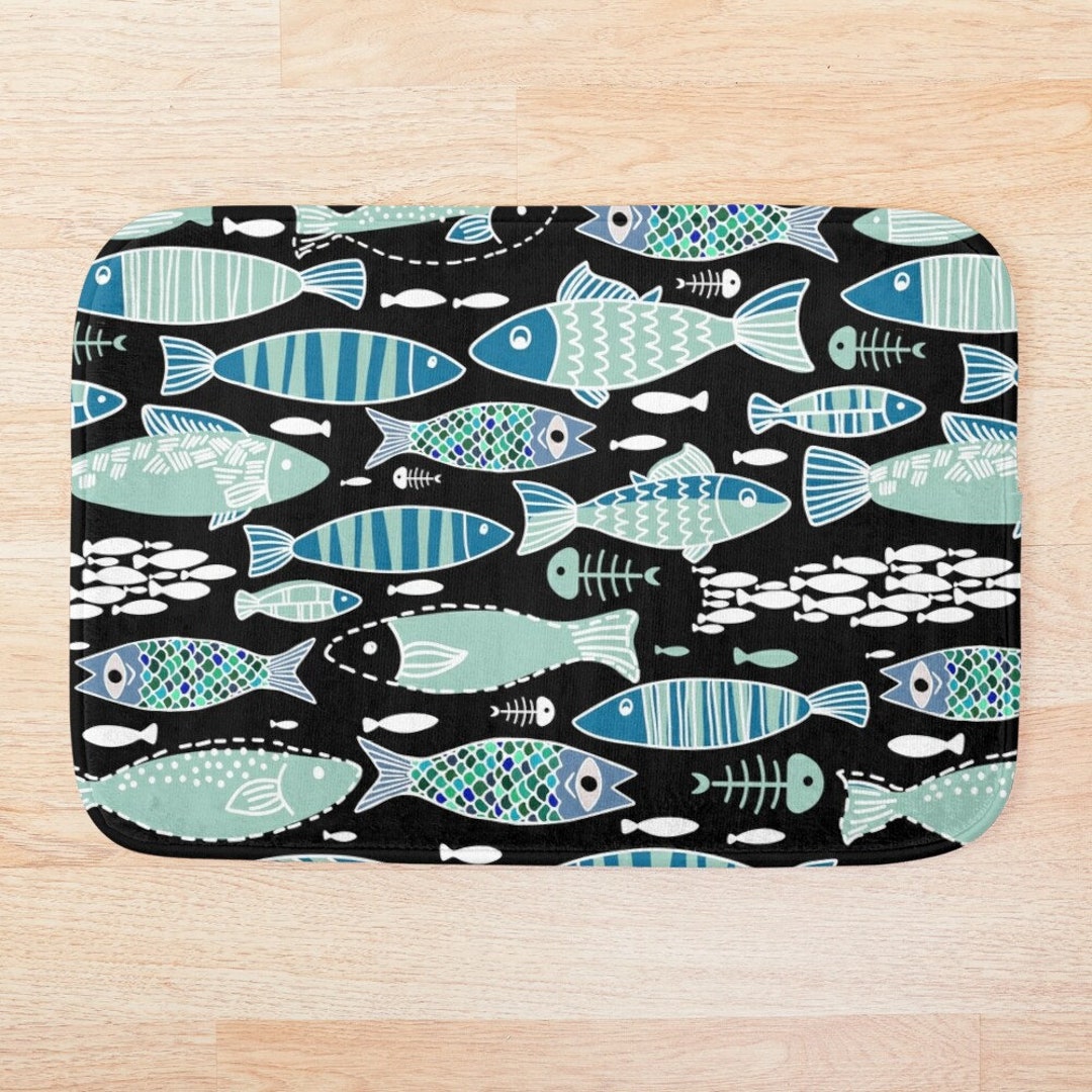Teal Sardine Bath Mat, Goth Mediterranean Fish Skeleton Pattern Shower ...