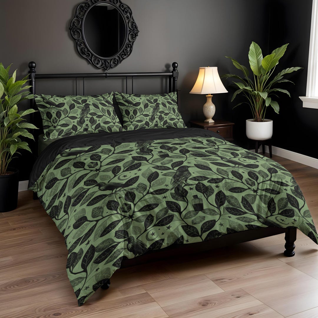 Green Raven Bedding Set, Dark Forest Witchcore Duvet Cover & 2 ...