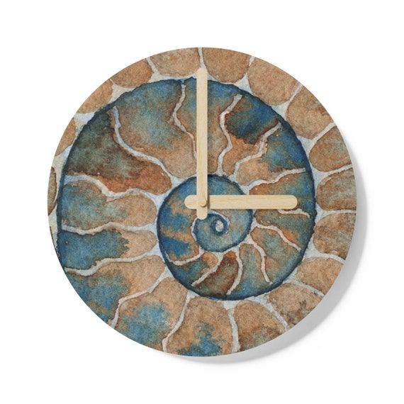 Ammonite Wall Clock. Watercolor Fossil Blue & Gold Spiral - Etsy