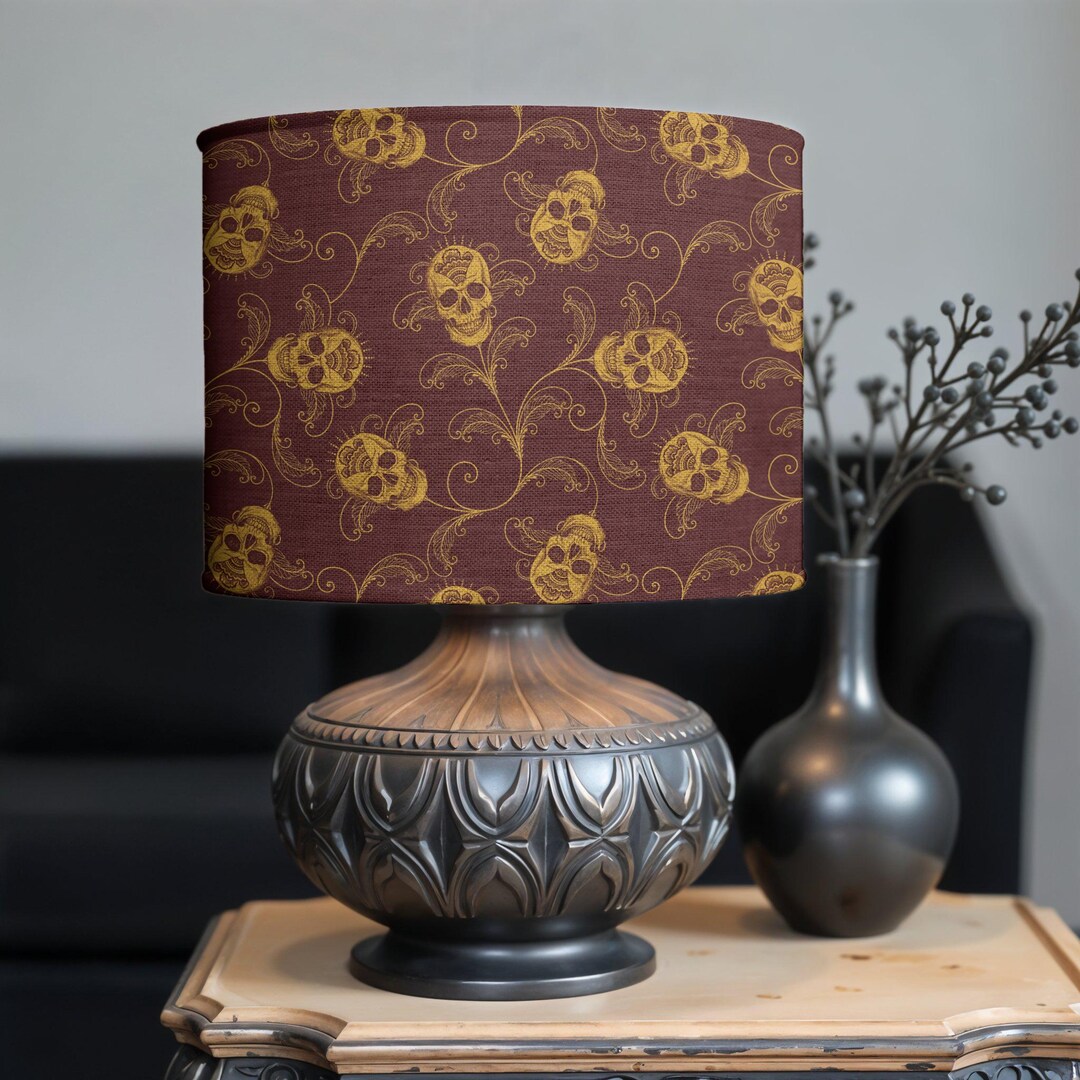Ornate Skull Lampshade, Red & Gold Cylindrical Gothic Shade for Floor ...