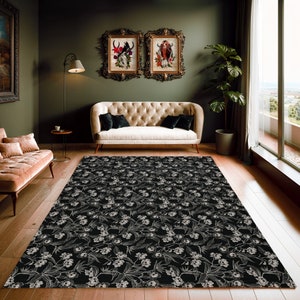 Gothic Floral Rug, Spooky Skull Flowers Area Rug, Goth Tiki Tropical ...