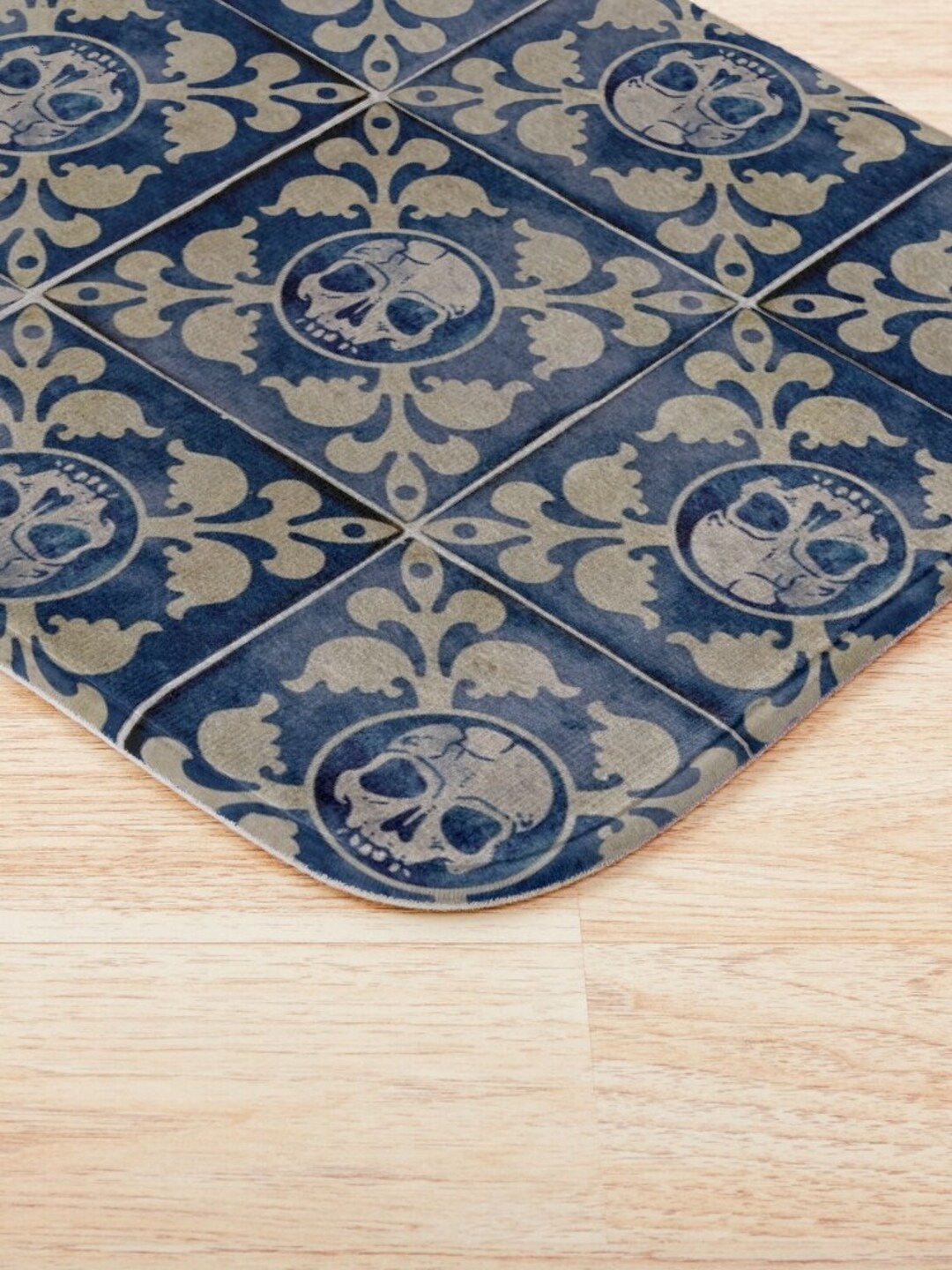 Moorish Skull Bathmat - Spooky Gothic Blue and Cream Tile Pattern ...