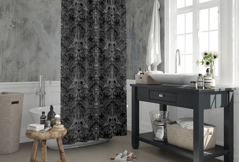 Macabre Victorian Shower Curtain, Damask Bones Goth Skull Bath Curtain ...