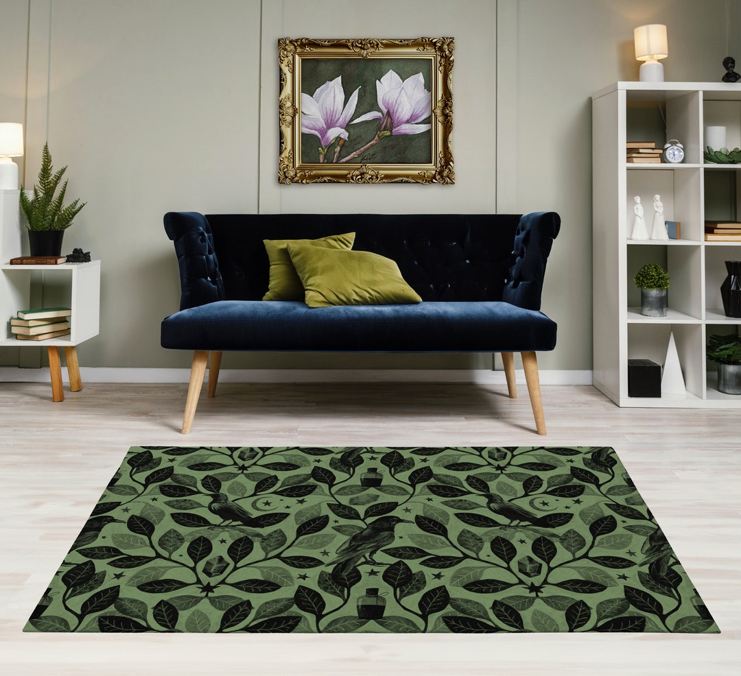 Green Witchy Raven Rug, Gothic Watercolor Indoor/outdoor Area Carpet W ...