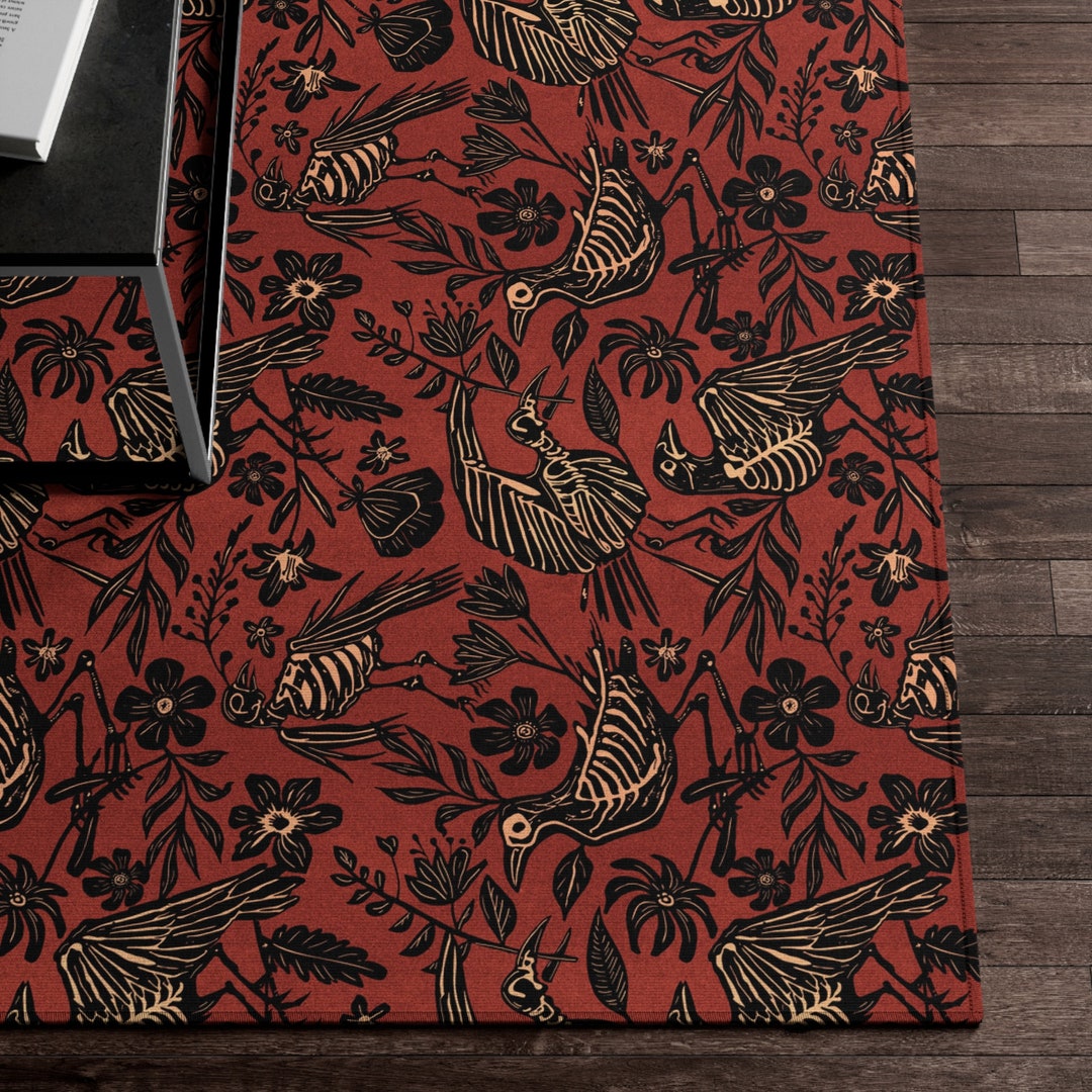 Fall Skeleton Area Rug, Macabre Linocut Botanical Folk Art Indoor ...