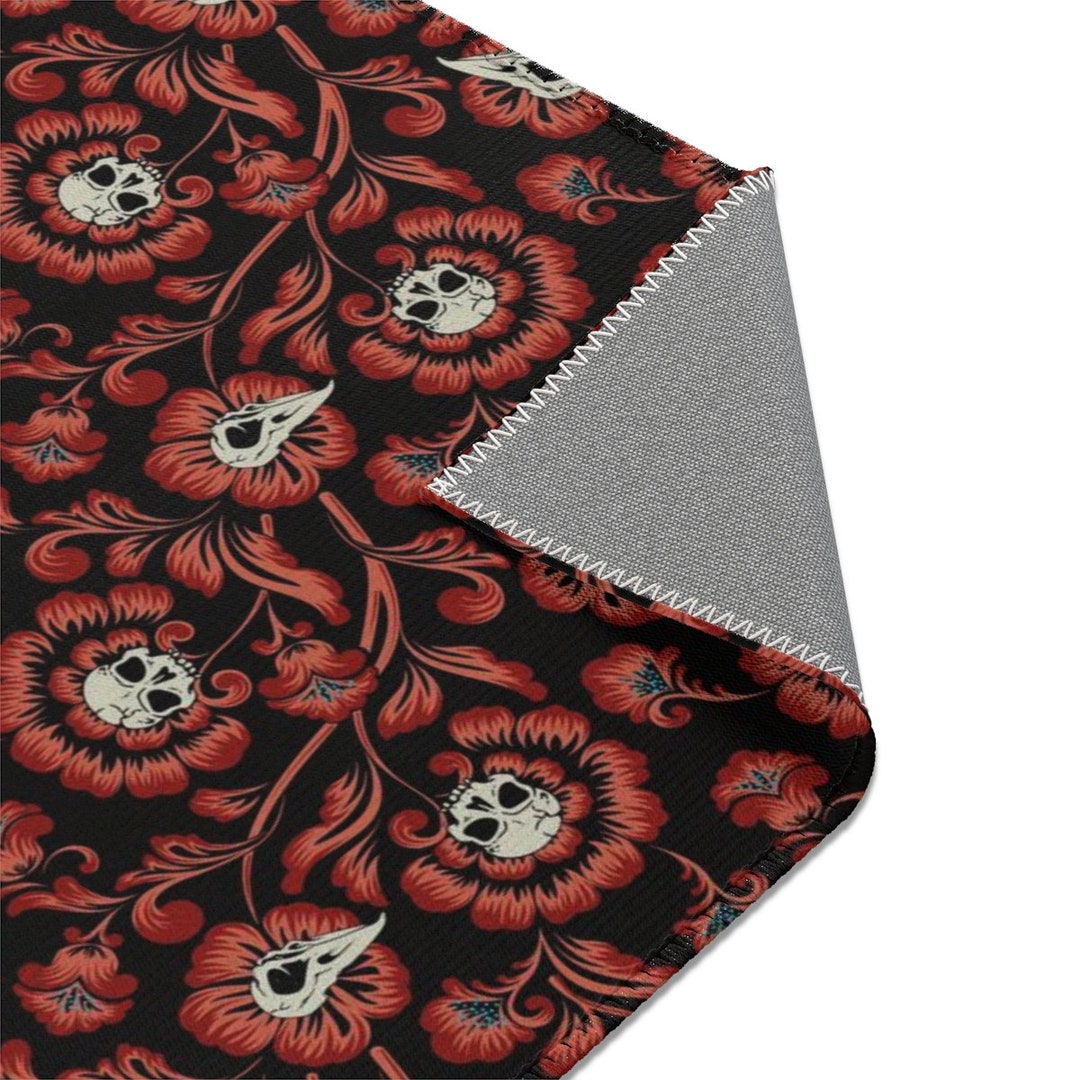 Goth Victorian Skull Rug, Red Gothic Floral Accent Carpet, Occult ...