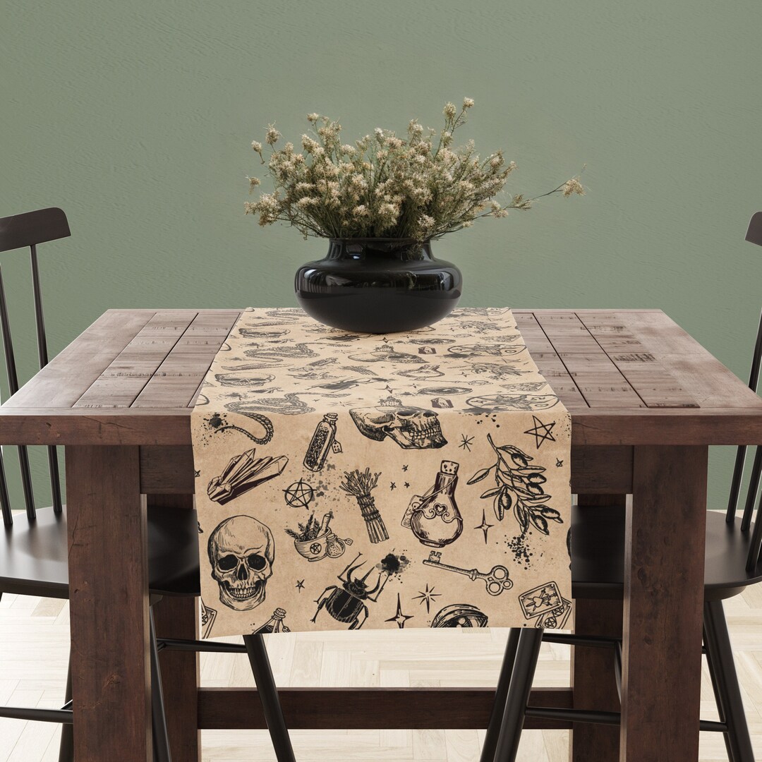 Occult Witch Table Runner, Gothic Black Magick Spells, Potions & Skulls ...