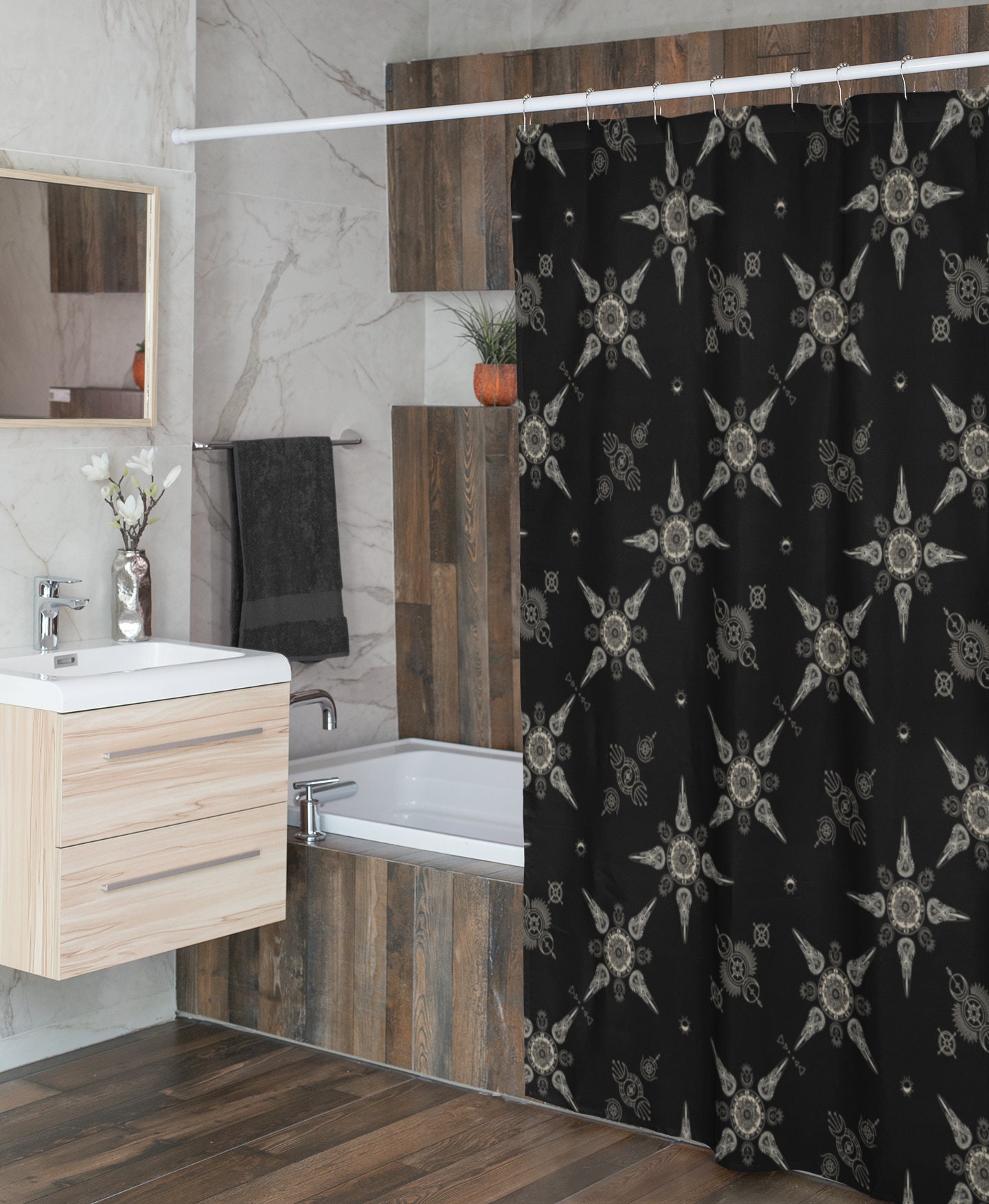 Witchy Shower Curtain Occult Tarot Card & Raven Skull Bath | Etsy