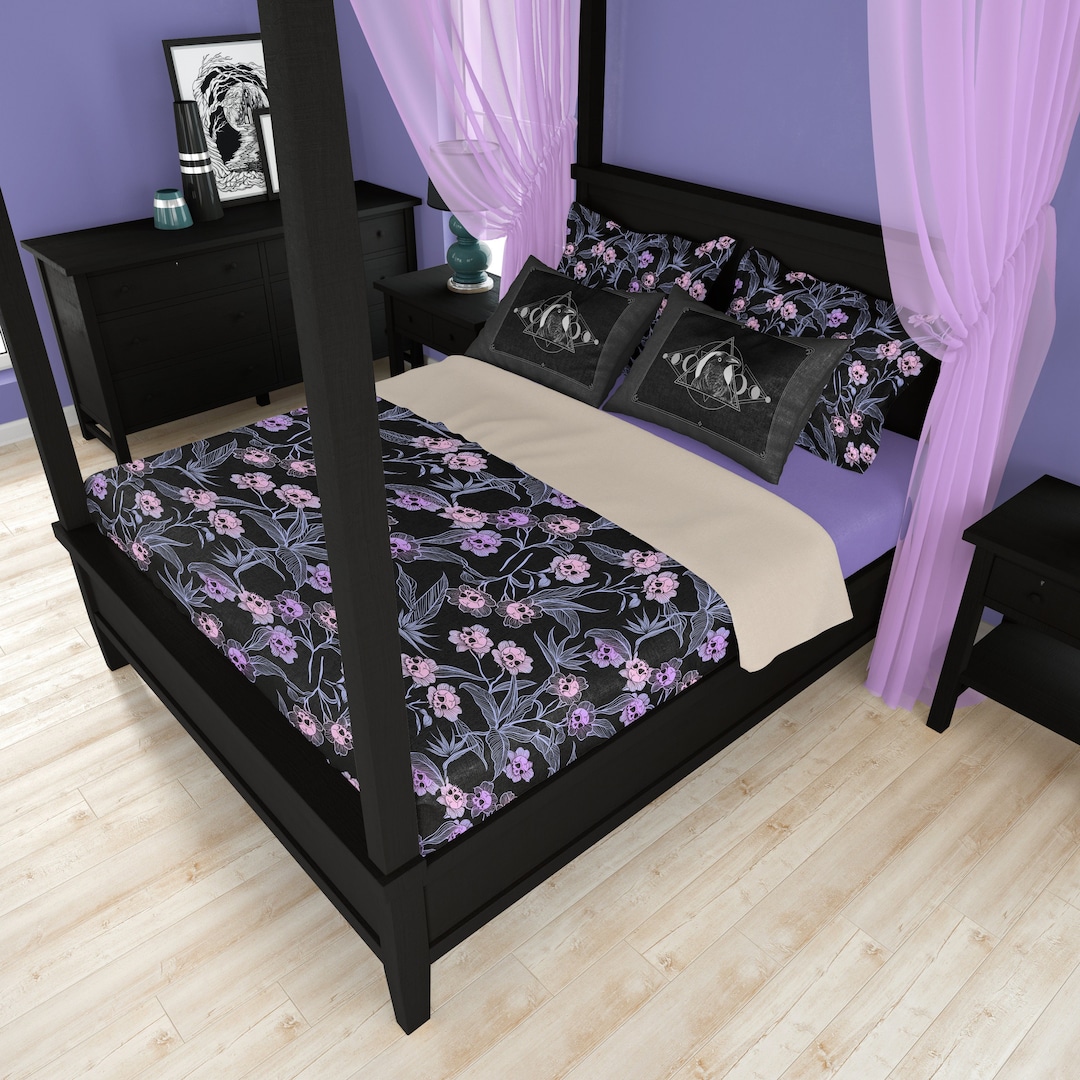 Pastel Goth Floral Duvet Cover Bedding Set, Spooky Tiki Skull Flowers ...
