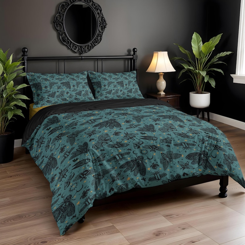 Teal Moth Bedding, Witchy Gothic Cicada Duvet Cover + Pillowcase Set in ...