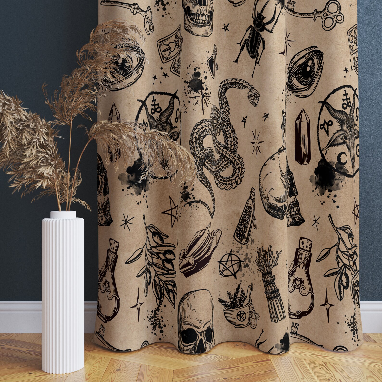 Occult Window Curtain, Beige Drapes W/ Esoteric Symbols, Skeletons, and ...