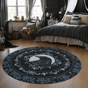 Round Gothic Raven Rug, Black & Blue Witchy Crowcore Decorative Accent ...