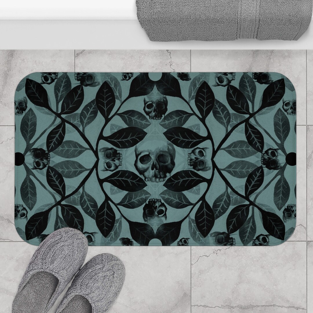 Watercolor Skull Bath Mat, Spooky Gothic Botanical Bones Slate Blue ...