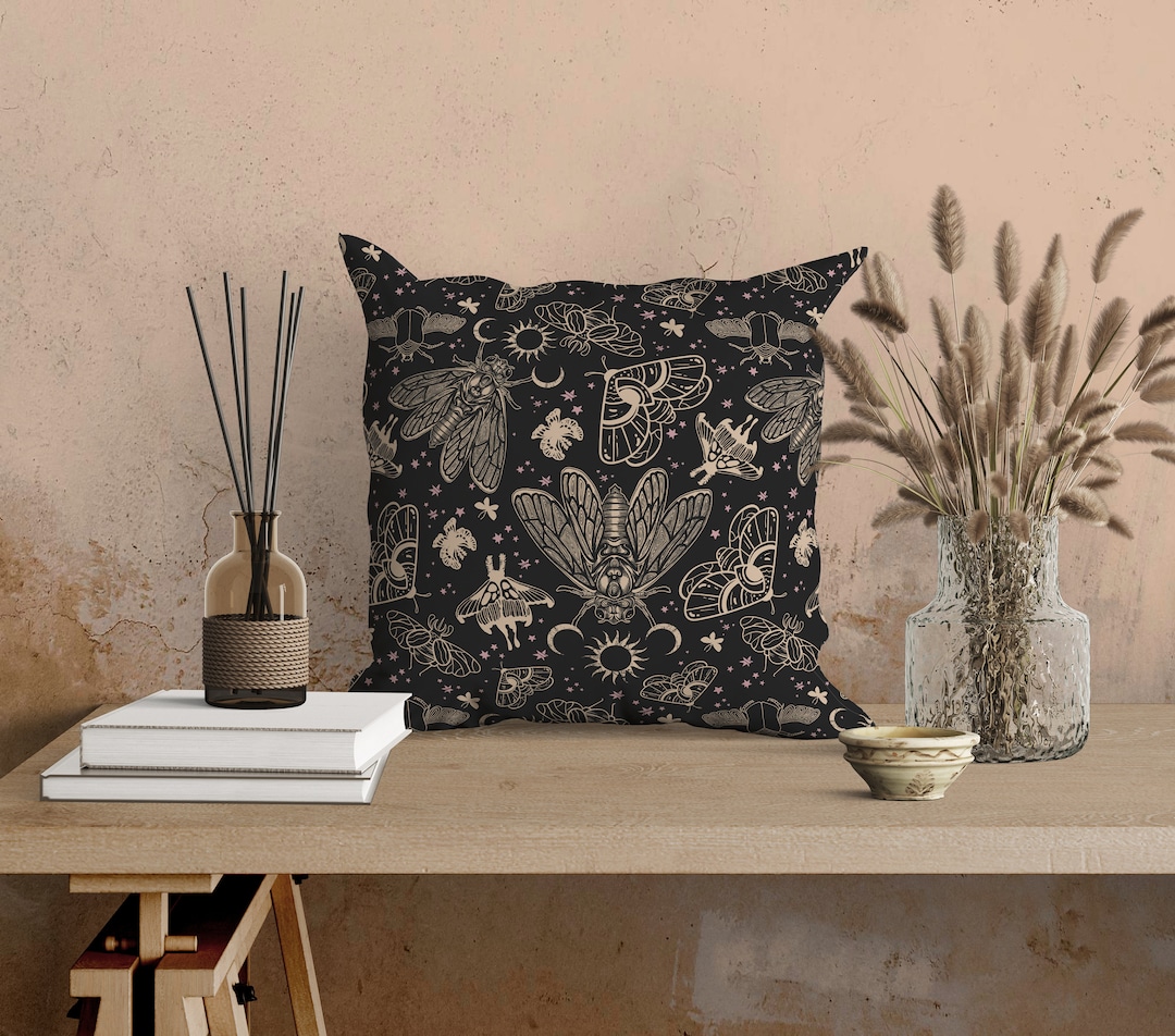 Occult Cicada Pillow: Witchy Couch Accent in Black Gold & Pink - Dark ...