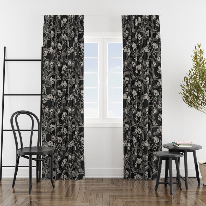 Gothic Floral Curtain Elegant Macabre Skull Flowers Window - Etsy