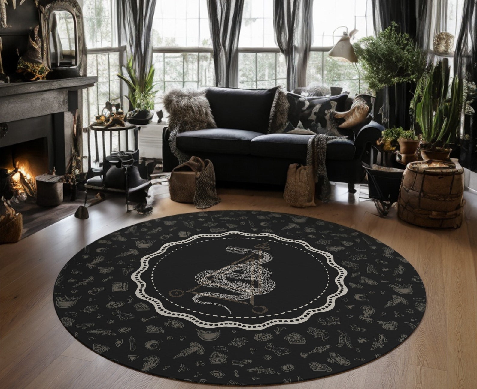 Witchy Snake Rug, Occult Serpent Skeleton Round Area Carpet W/ Esoteric ...