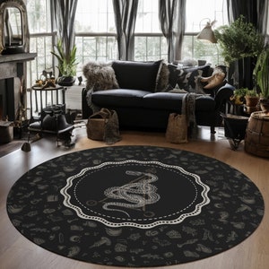 Witchy Snake Rug, Occult Serpent Skeleton Round Area Carpet W/ Esoteric ...
