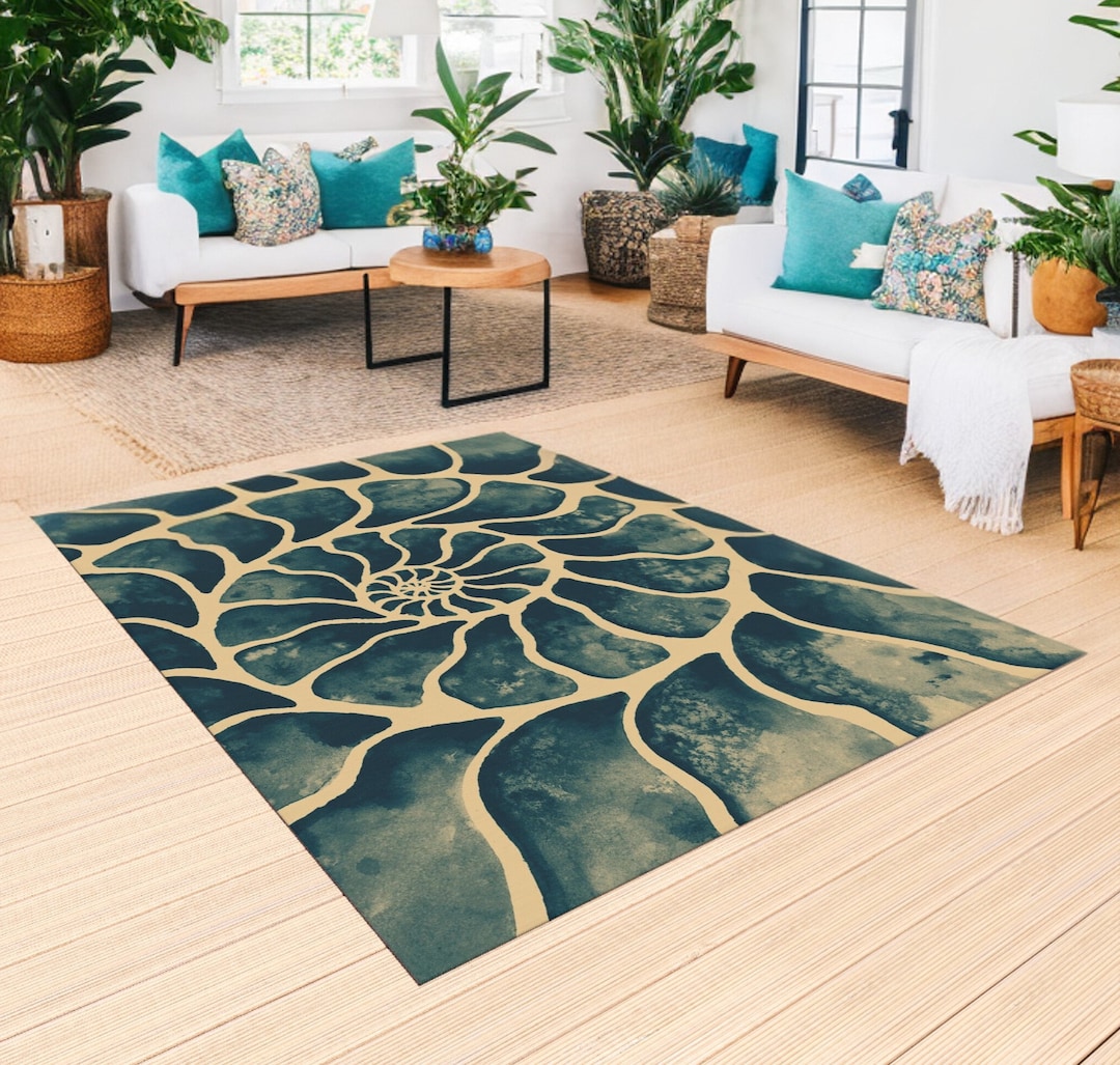 Ammonite Watercolor Rug, Indoor or Outdoor Area Carpet W/ Teal & Beige ...