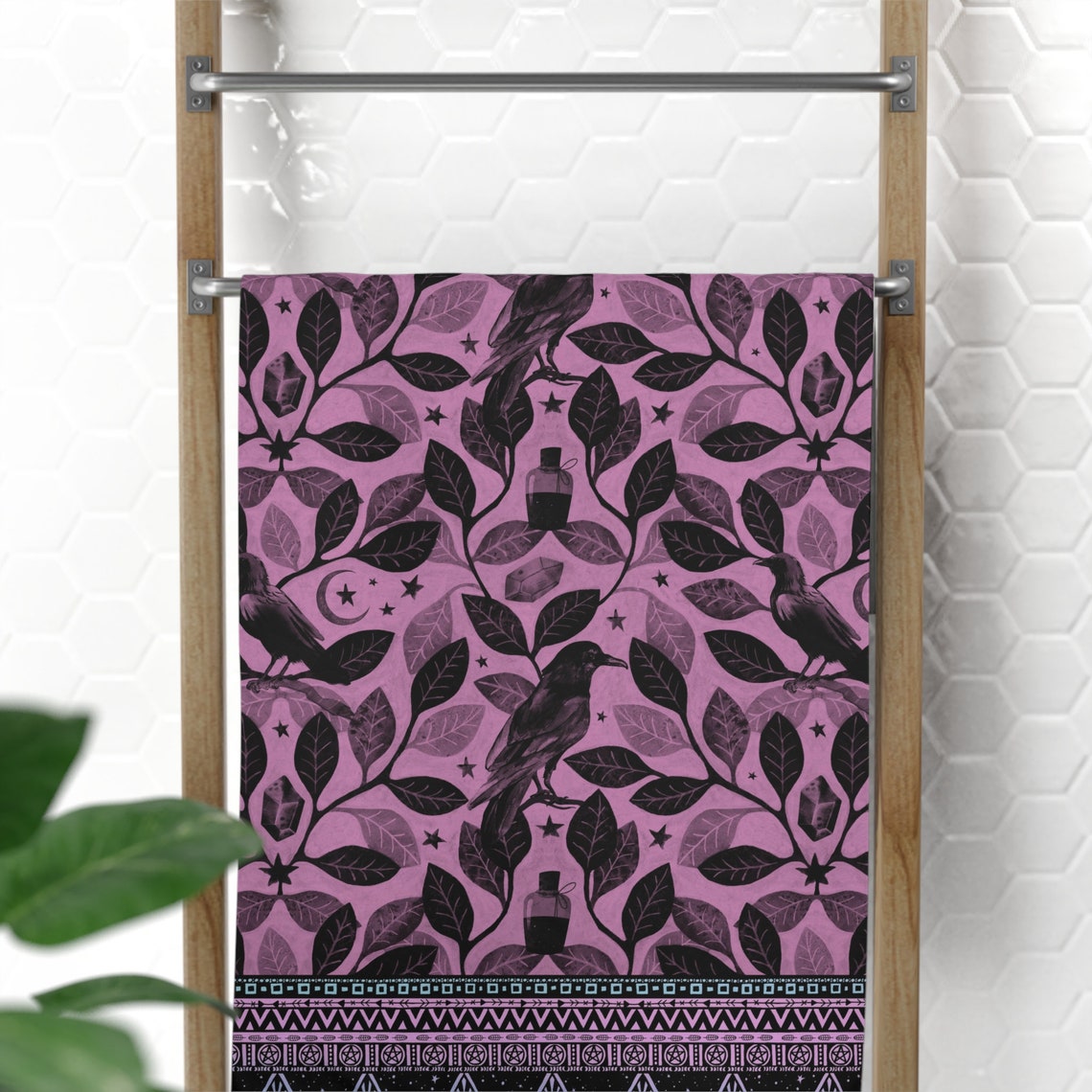 Pastel Raven Towel, Witchy Pink Watercolor Rainbow Goth Bath Beach or ...