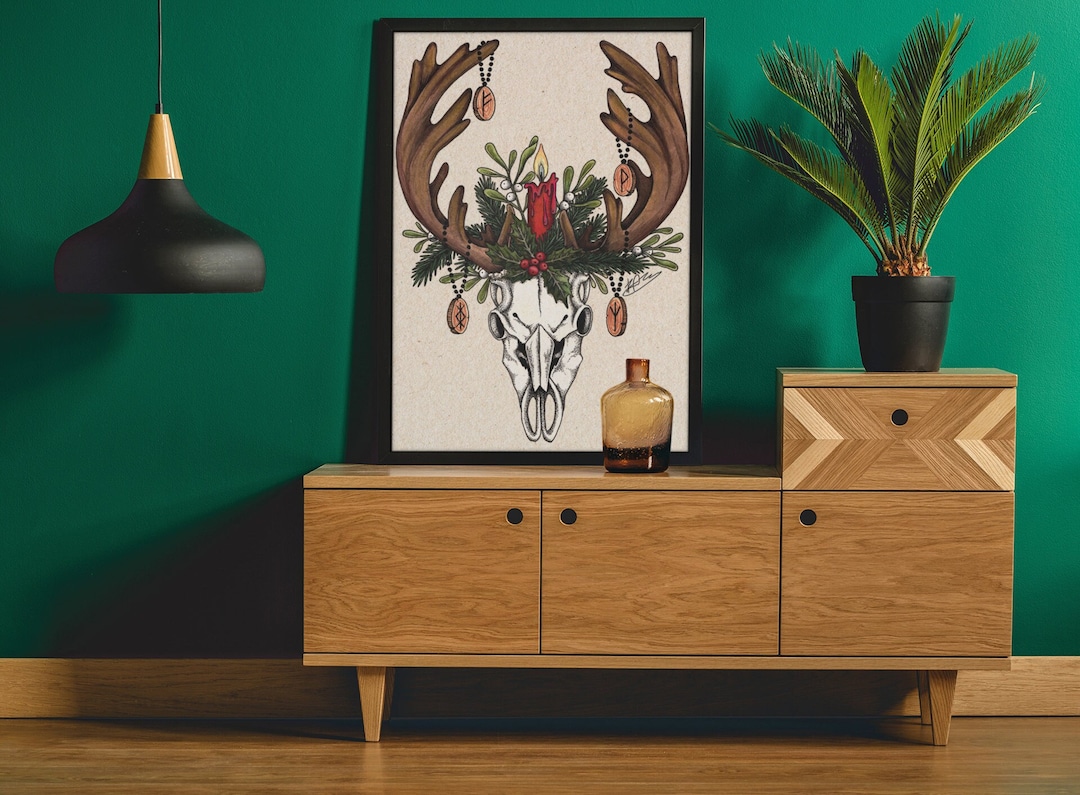 Yule Skull Wall Art, Matte Dark Gothic Pagan Winter Solstice Poster of ...