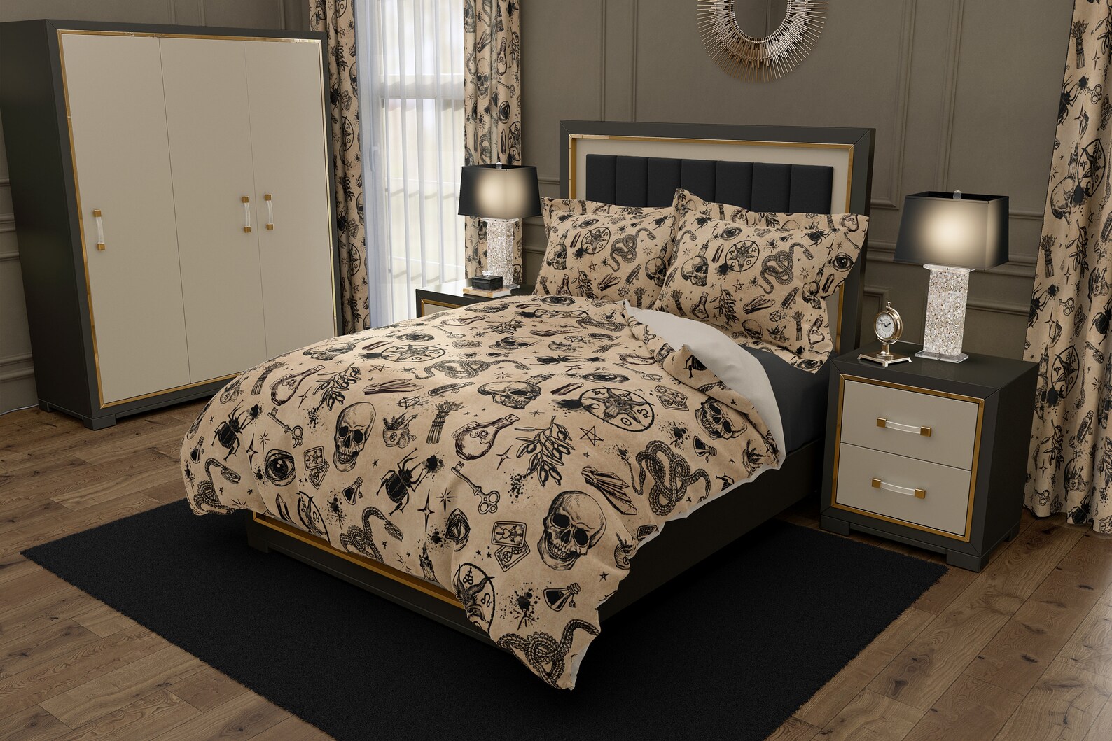 Occult Window Curtain, Beige Drapes W/ Esoteric Symbols, Skeletons, and ...