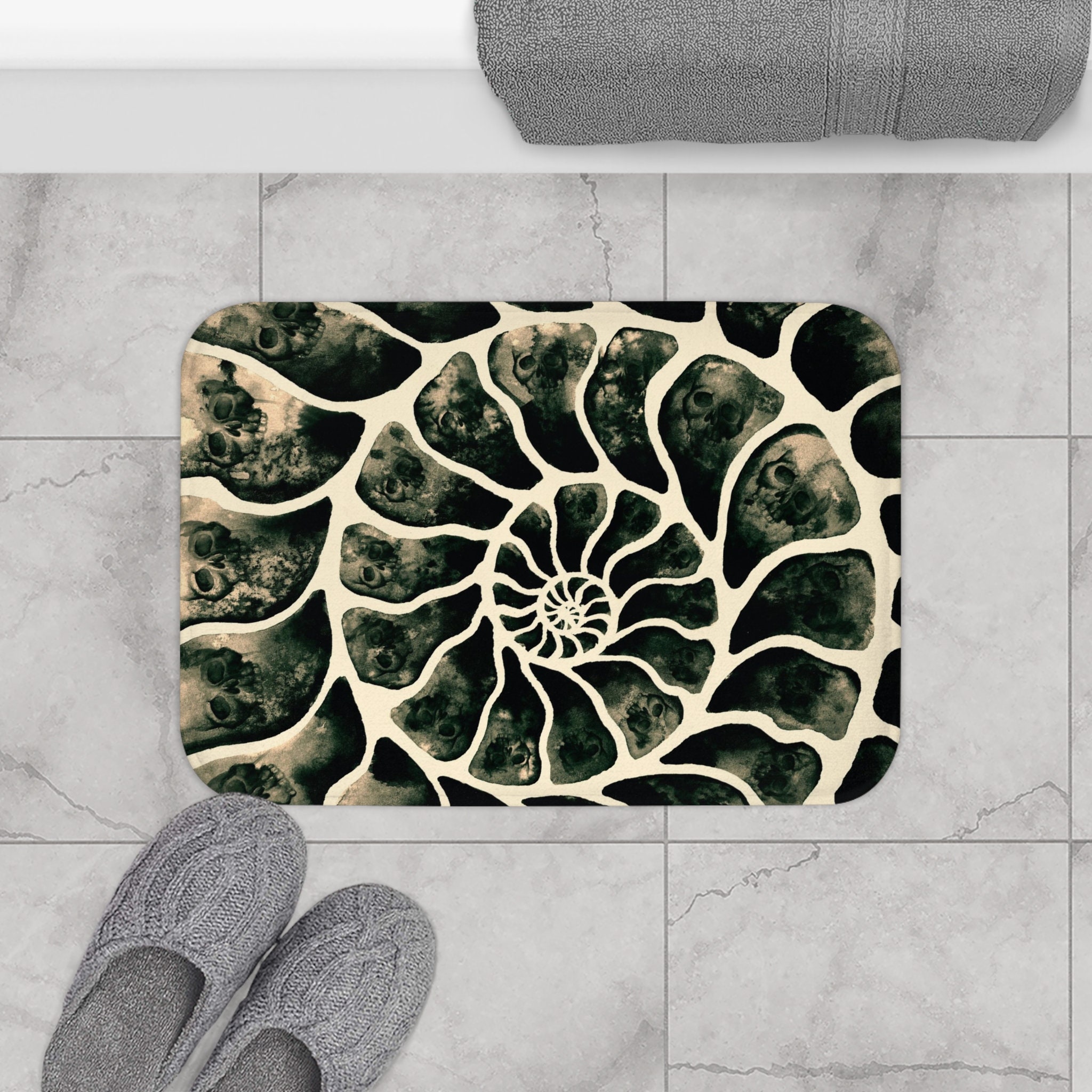 Ammonite Skull Bath Mat, Spooky Goth Seashell Fossil Memory Foam Shower ...